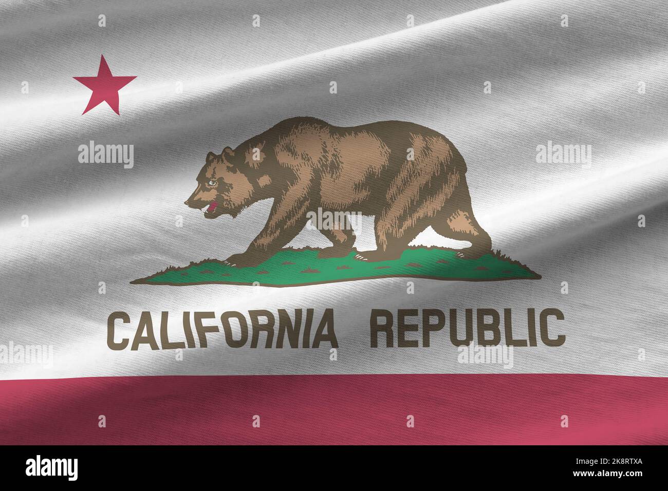 California US state flag with big folds waving close up under the ...