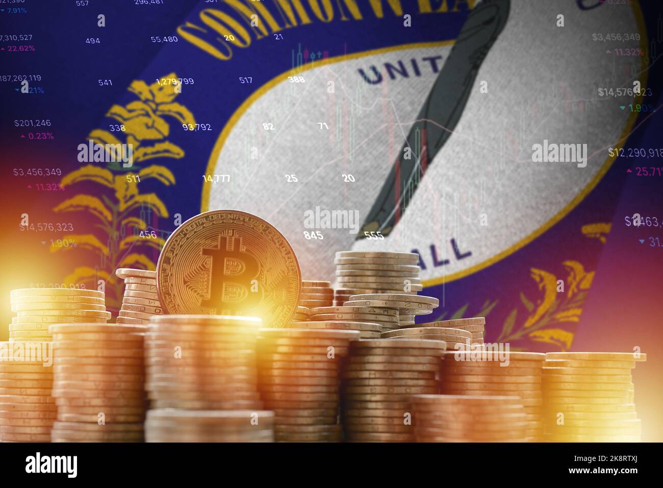 Kentucky US state flag and big amount of golden bitcoin coins and ...