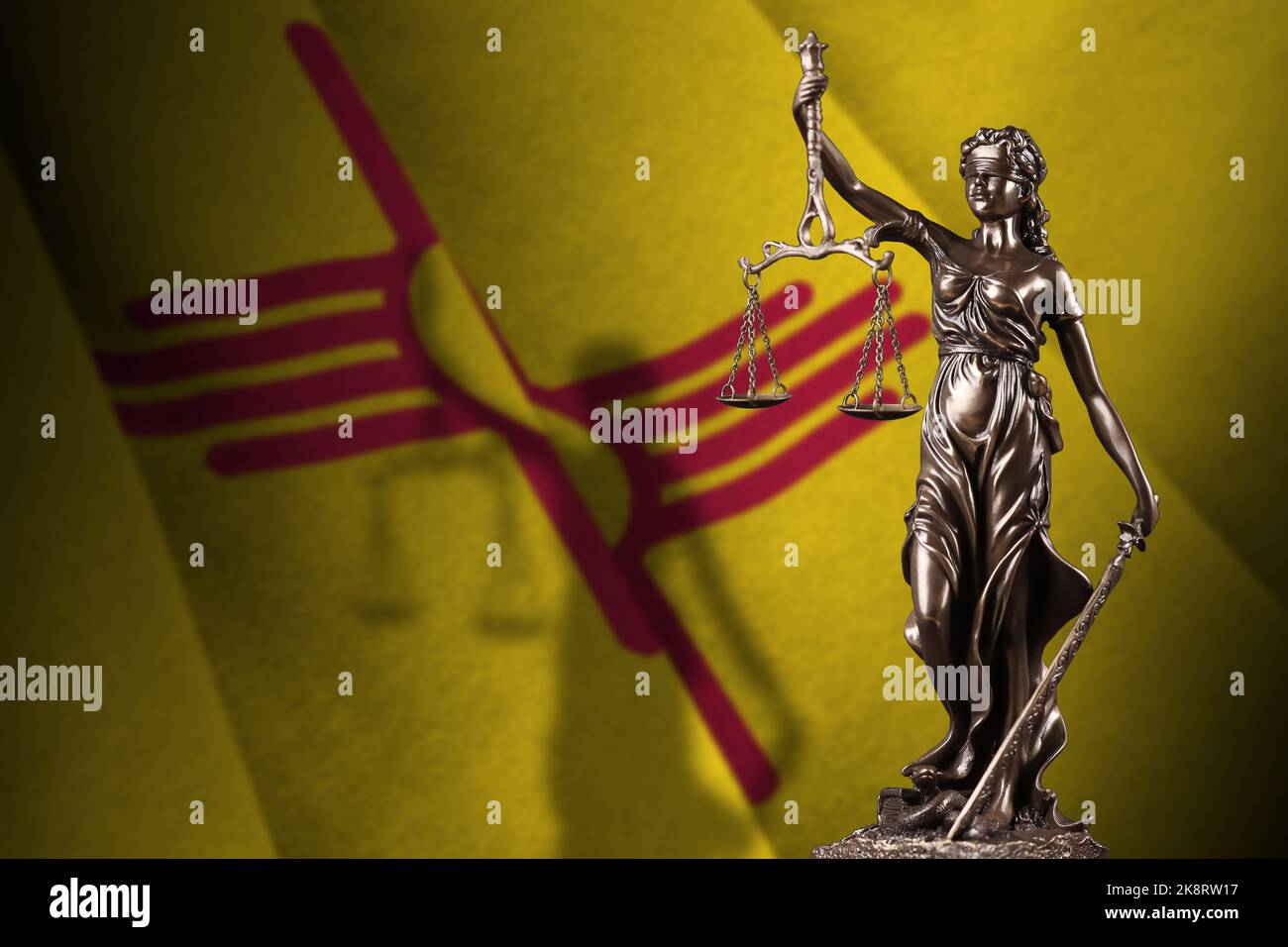 New Mexico US state flag with statue of lady justice and judicial ...