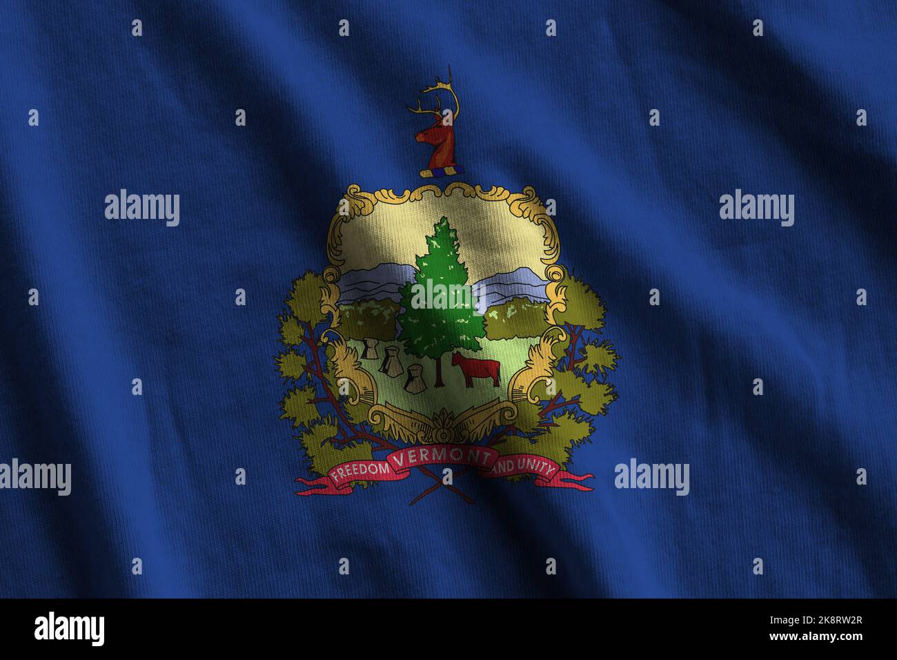Vermont US state flag with big folds waving close up under the studio ...