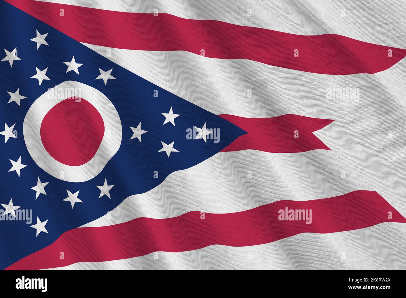 Ohio US state flag with big folds waving close up under the studio ...