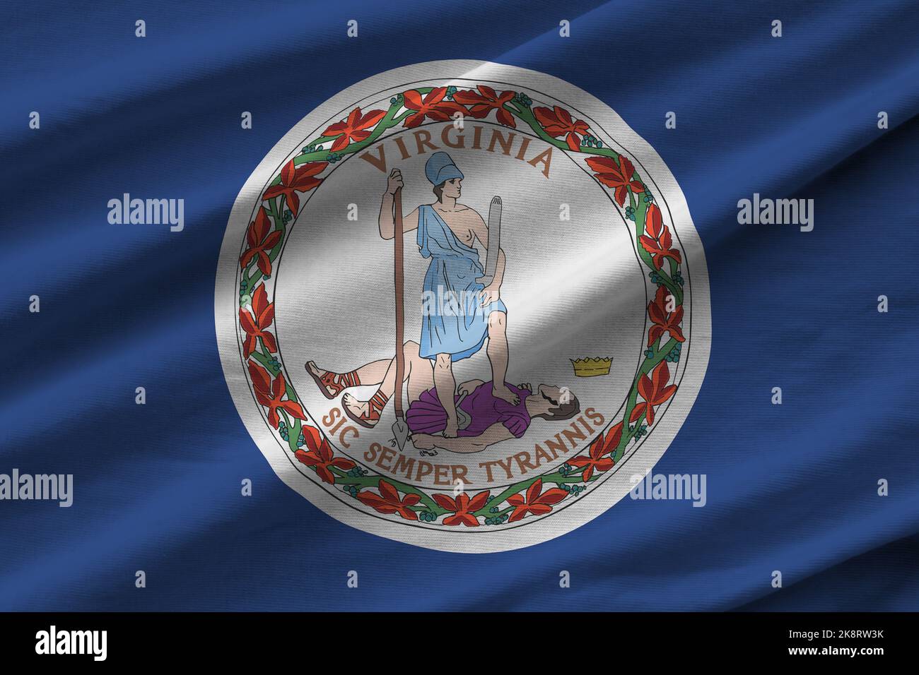 Virginia US state flag with big folds waving close up under the studio ...