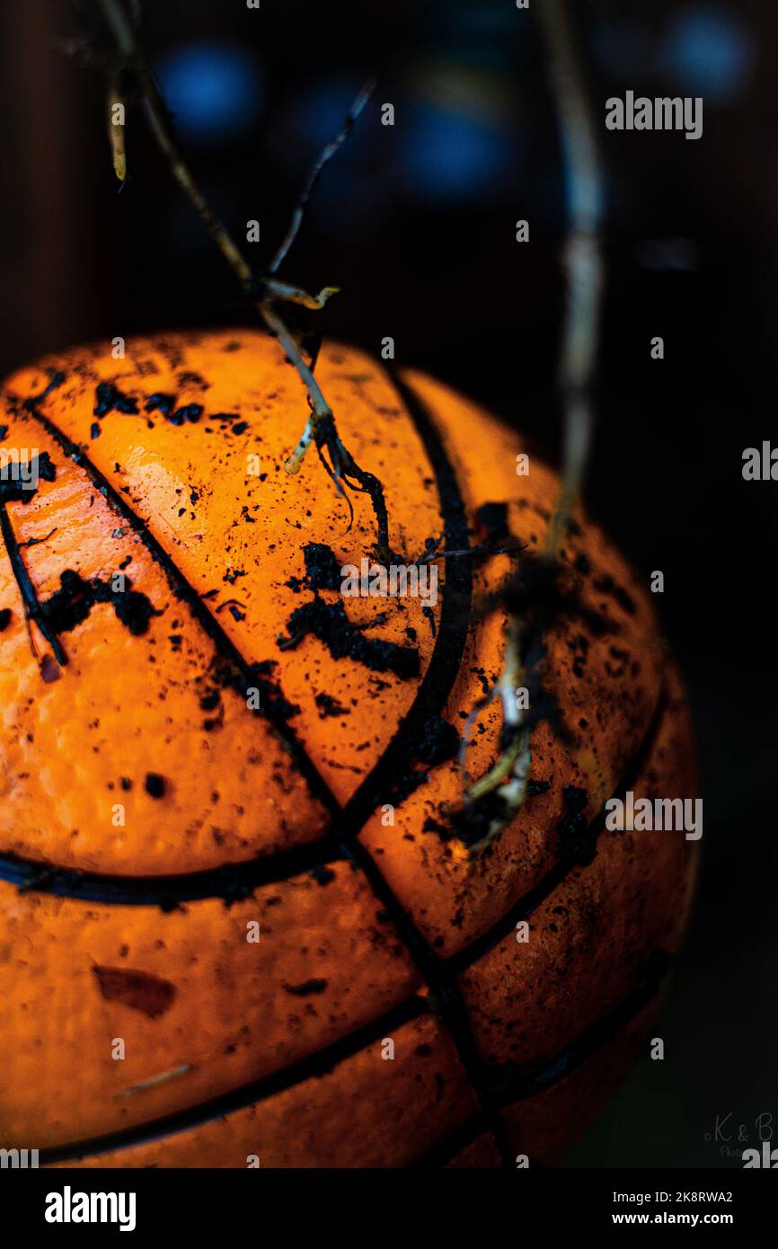 A vertical shot of an orange basketball lost in the mud on dark ...