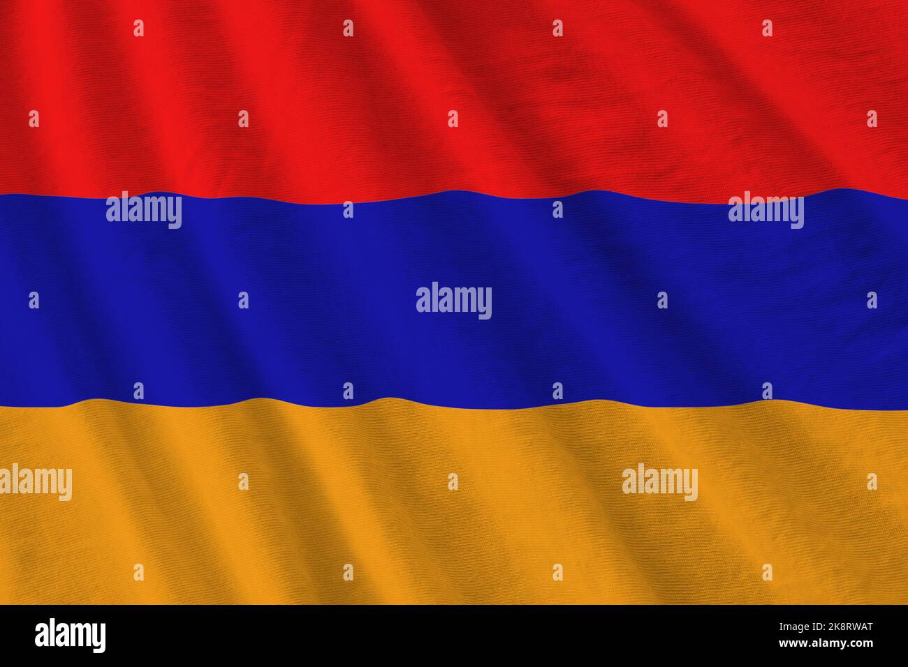 Armenia flag with big folds waving close up under the studio light ...