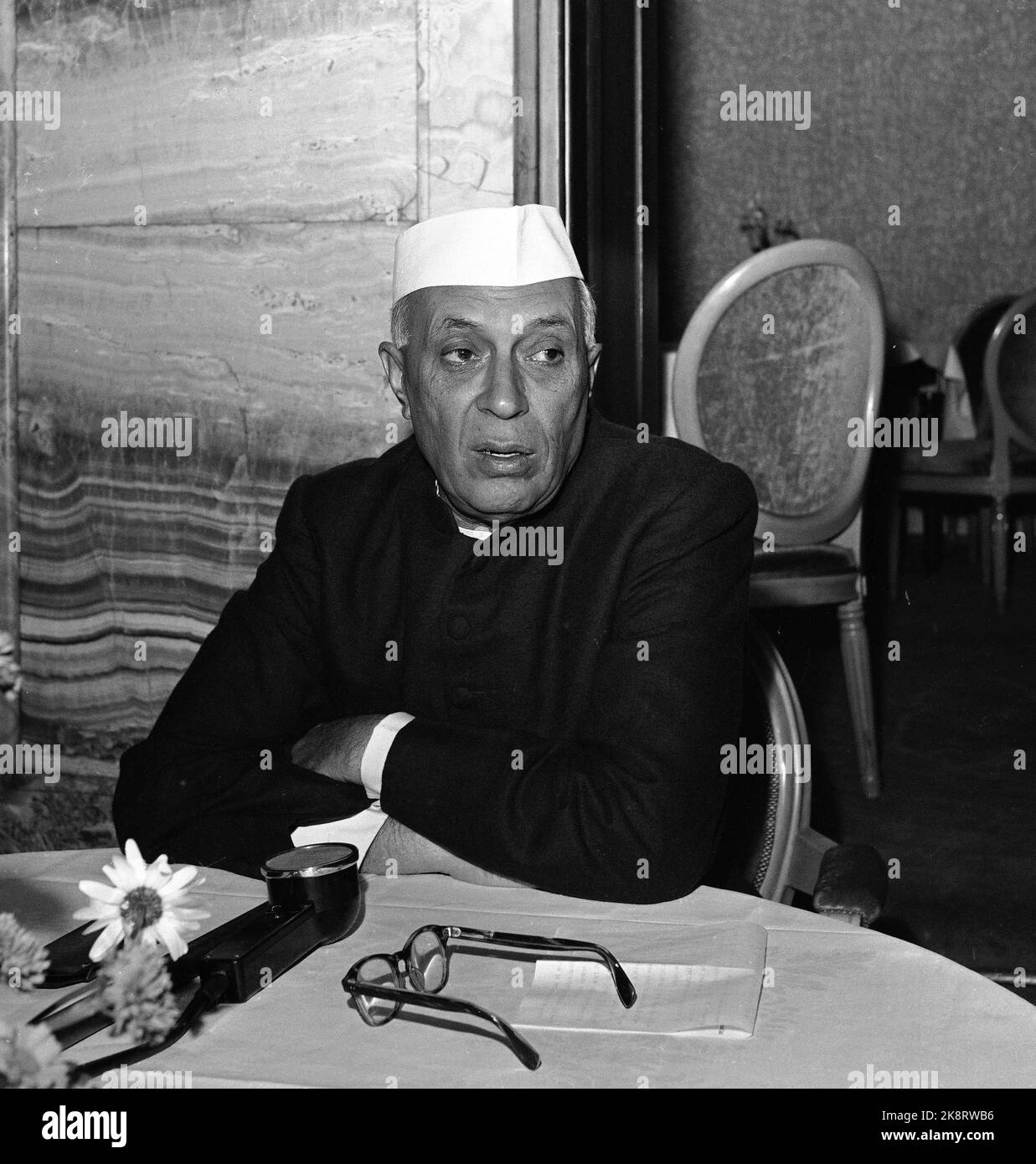 Oslo June 29, 1957. Prime Minister Jawaharlal Nehru from India charms ...