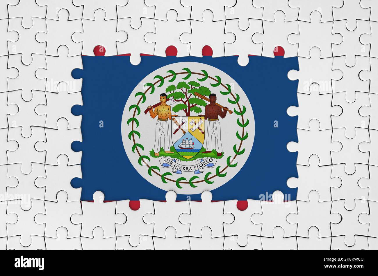 Belize flag in frame of white puzzle pieces with missing central parts ...