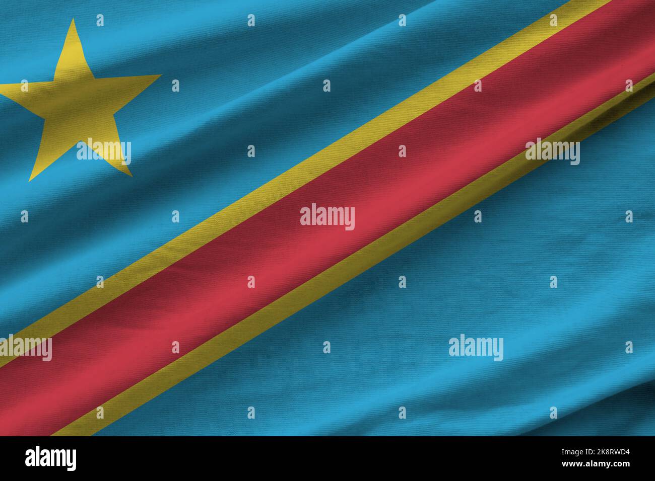 Democratic Republic of the Congo flag with big folds waving close up ...