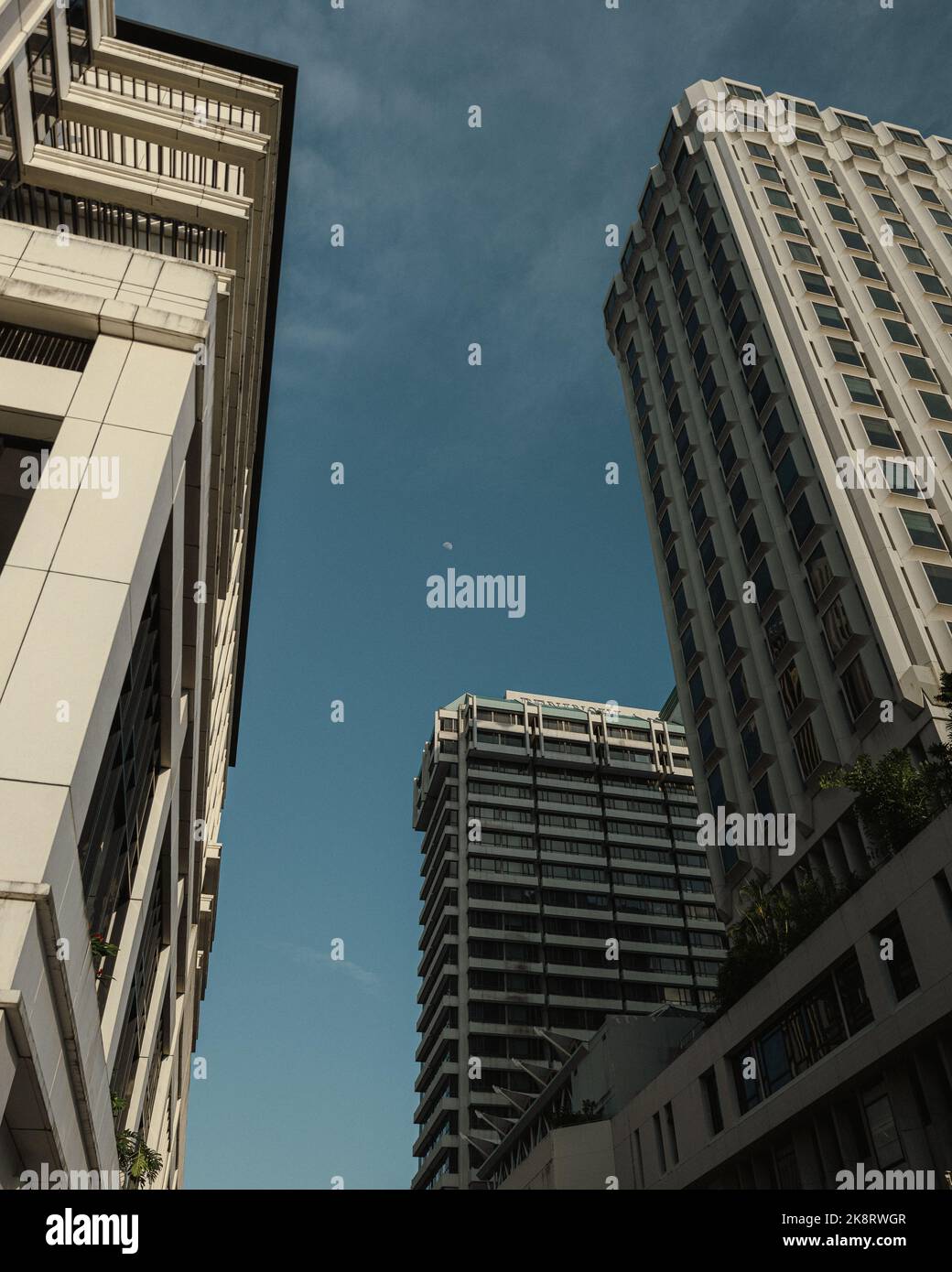 A low angle shot of apartment buildings in downtown on blue sky ...