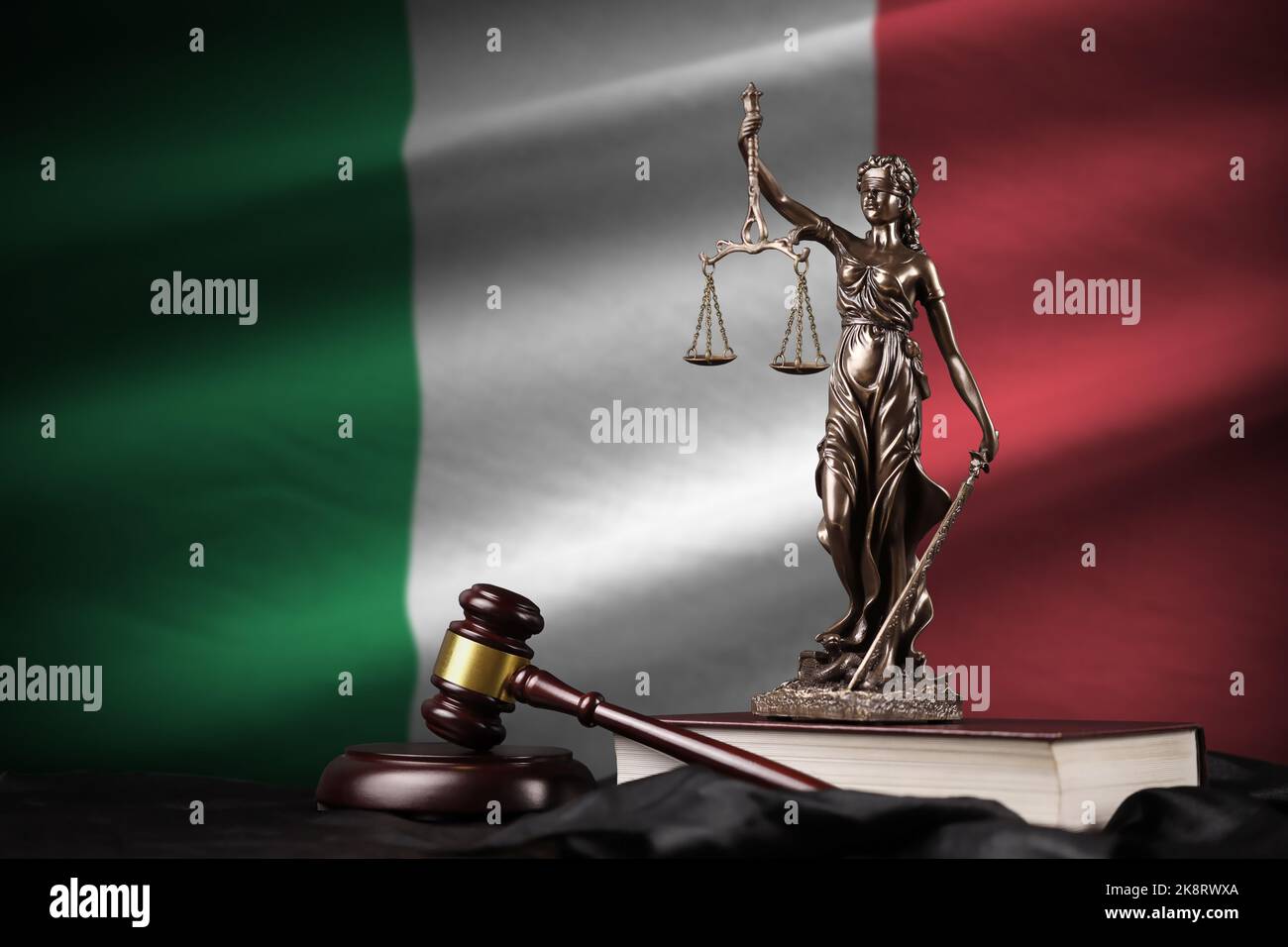 Italy flag with statue of lady justice, constitution and judge hammer ...