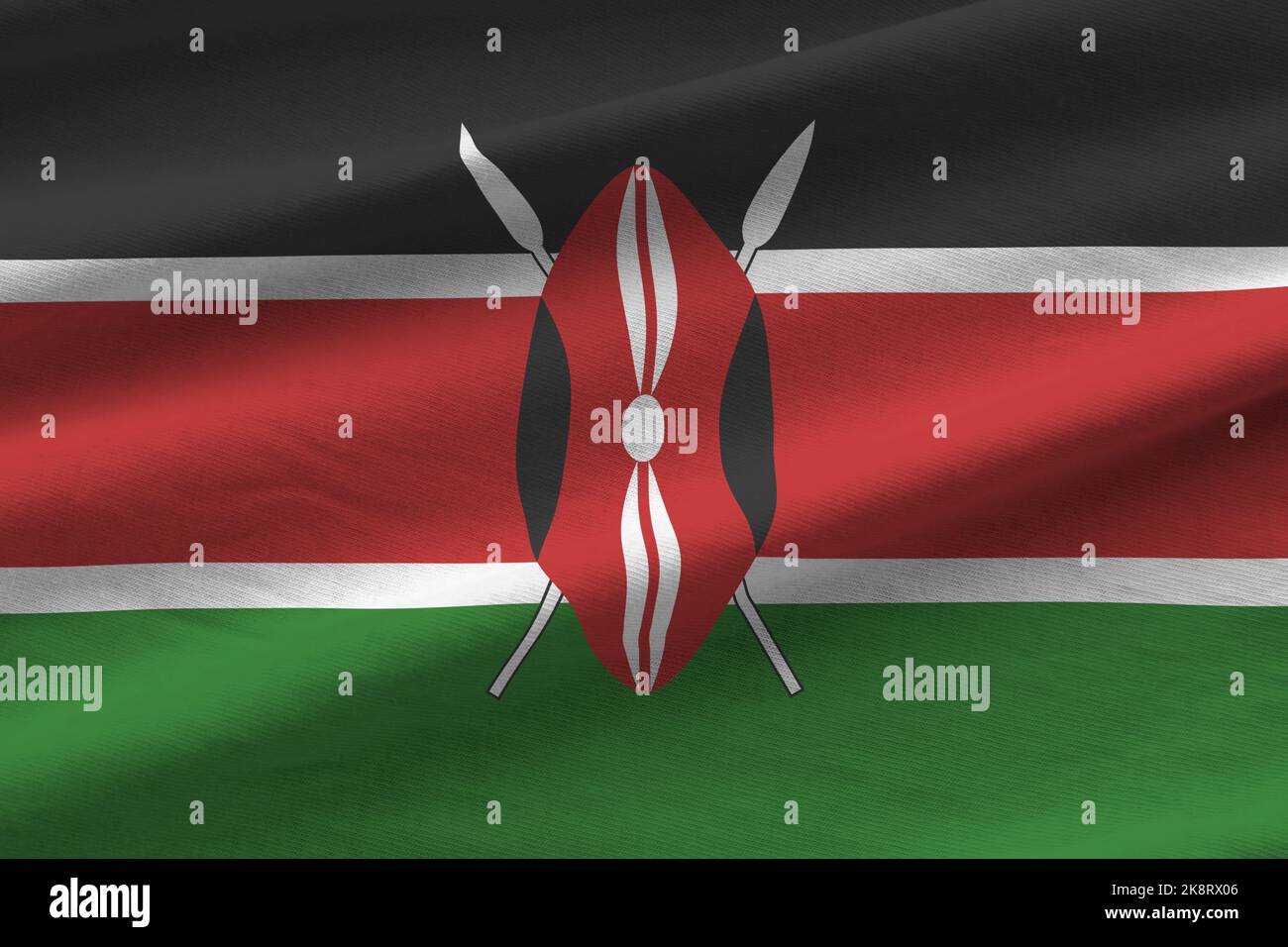 Kenya flag with big folds waving close up under the studio light ...