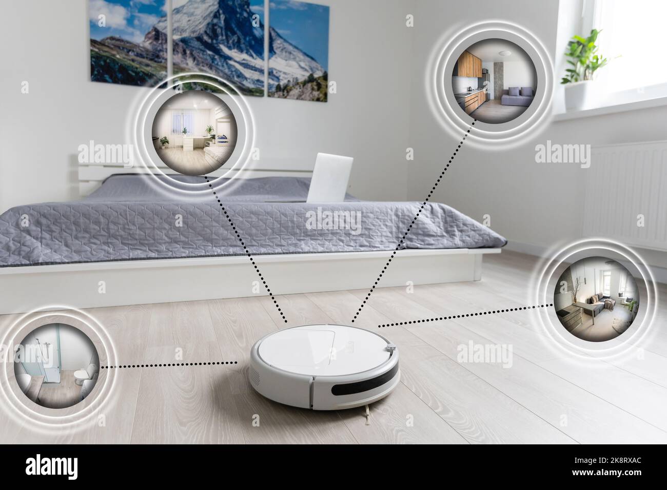 Cleaning automation robotic service. Cleaner touched smart phone robot ...