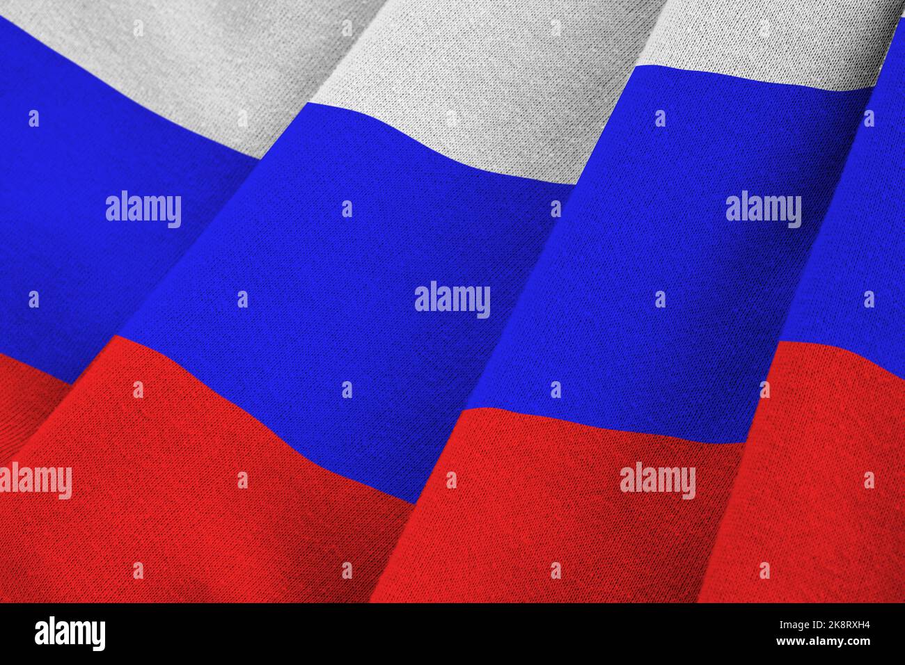 Russia flag with big folds waving close up under the studio light ...