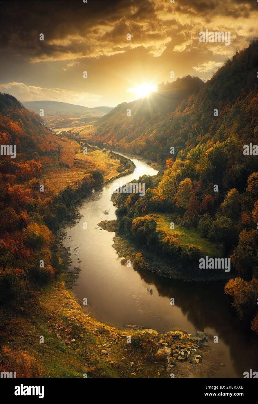 A vertical high-angle illustration with a lake and forested mountains ...