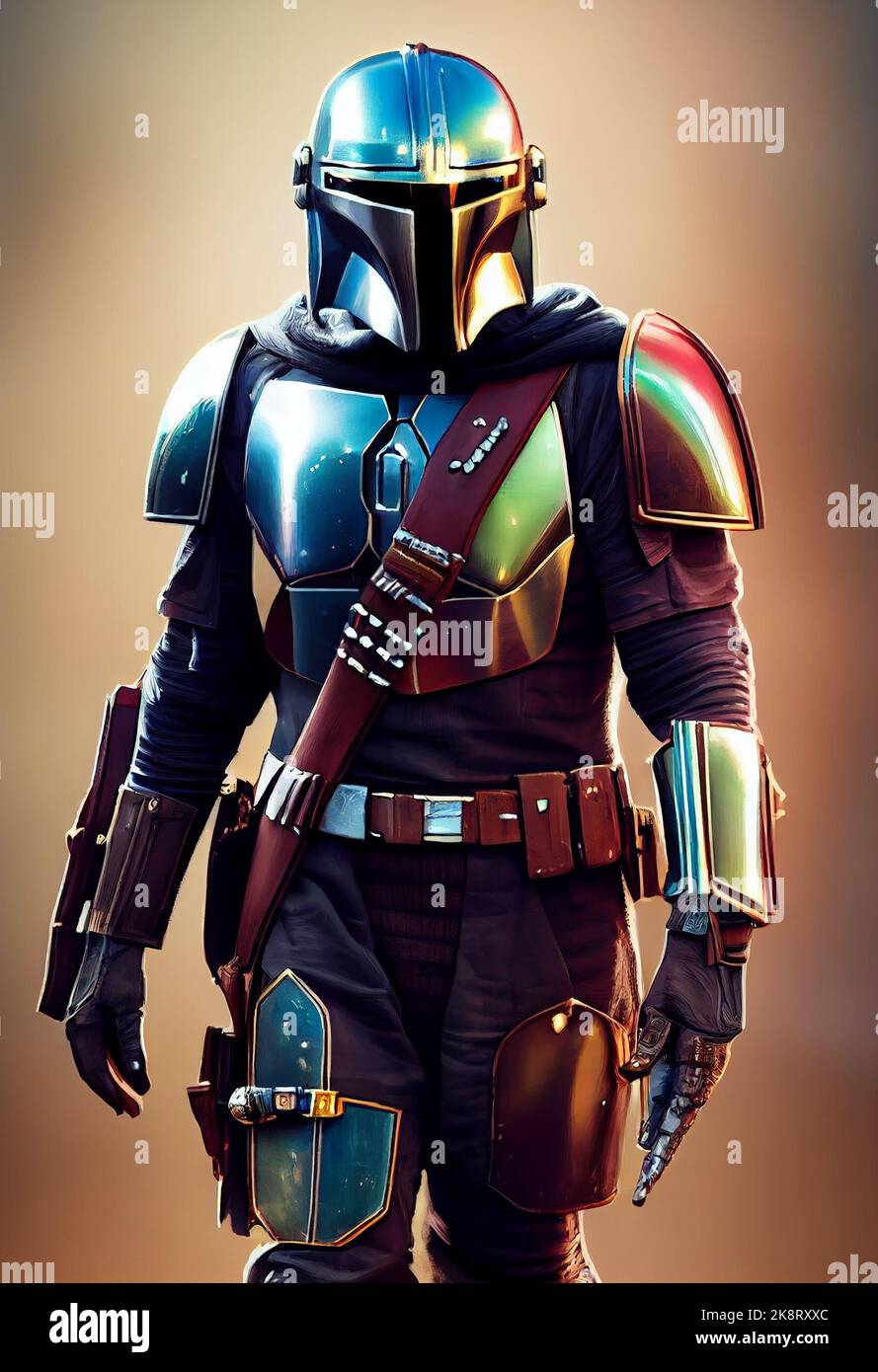 A vertical 3D rendering of an armored knight of the future, dark ...