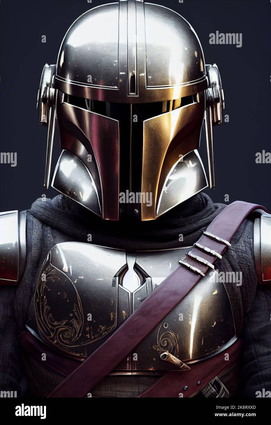 A vertical 3D rendering of an armored knight of the future, dark ...