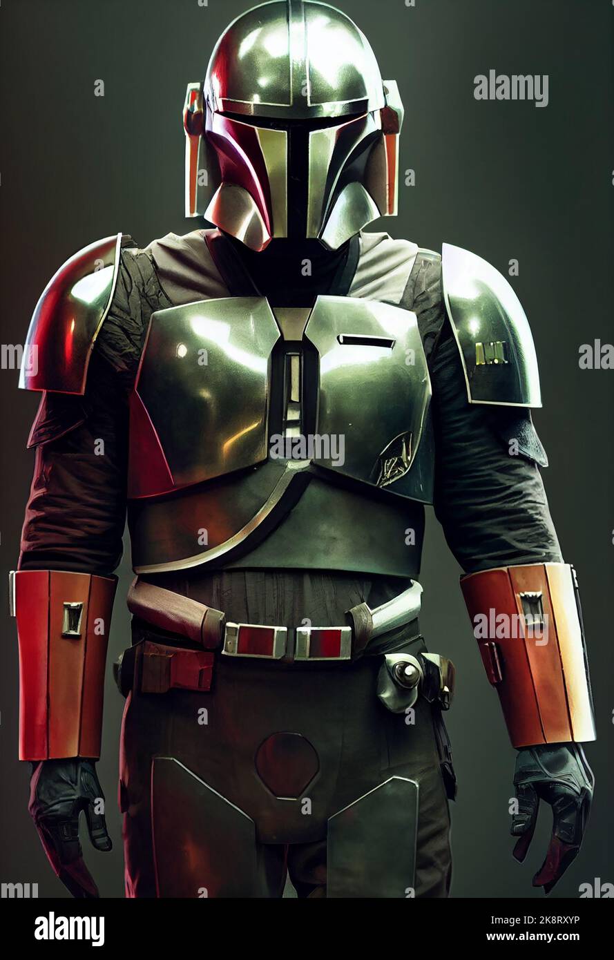 A vertical 3D rendering of an armored knight of the future, dark ...