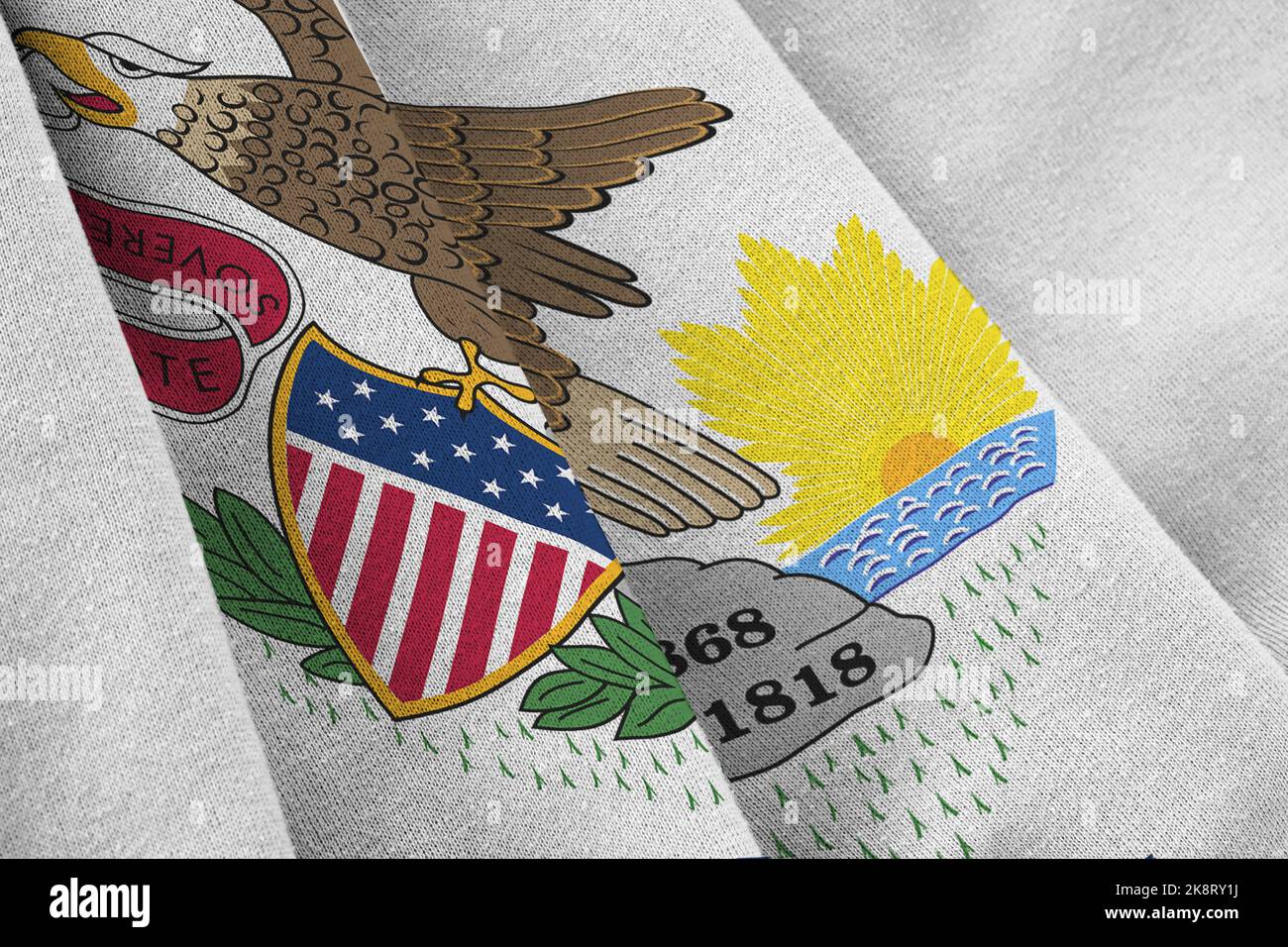 Illinois US state flag with big folds waving close up under the studio ...