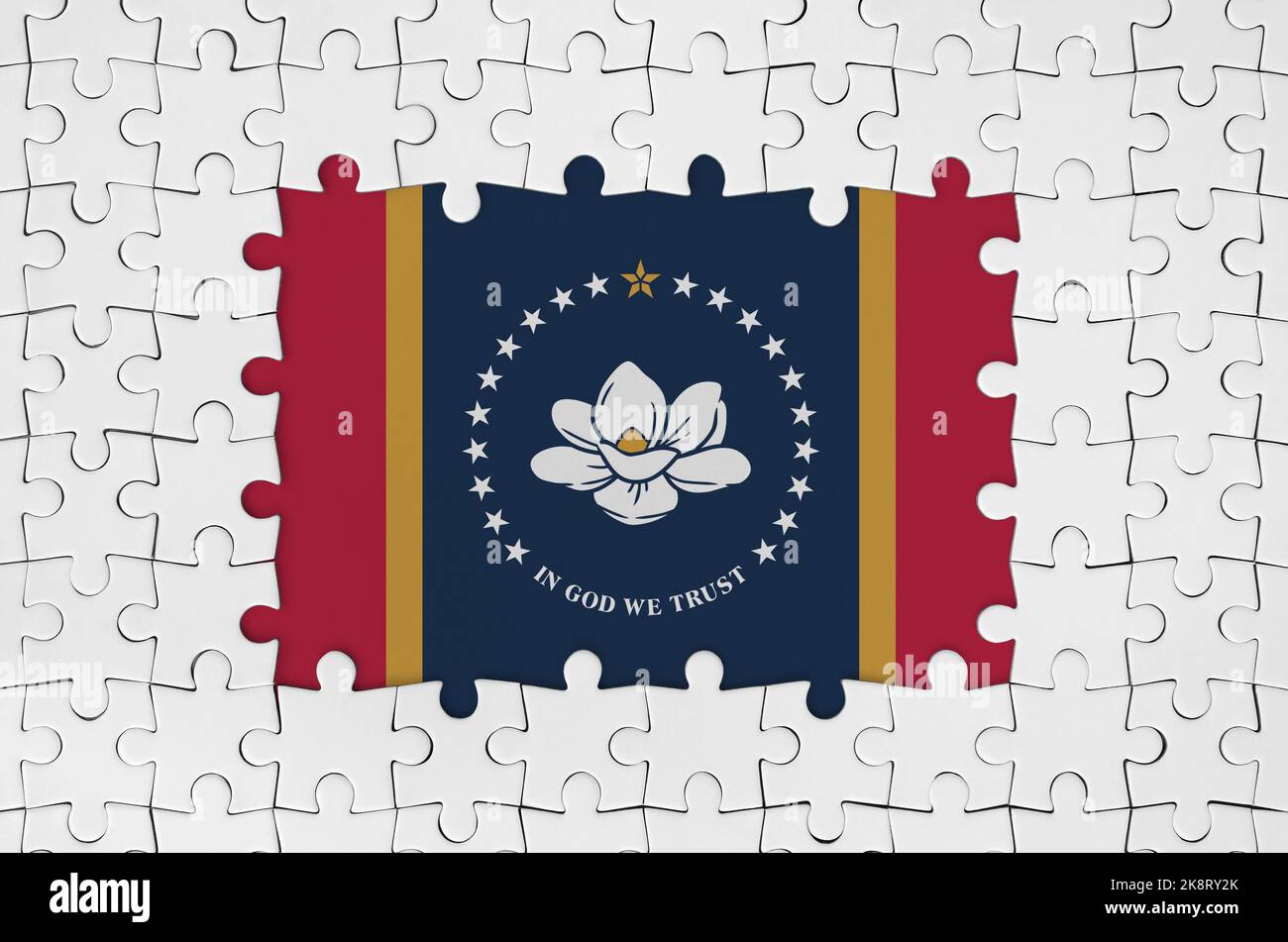 Mississippi new US state flag in frame of white puzzle pieces with ...