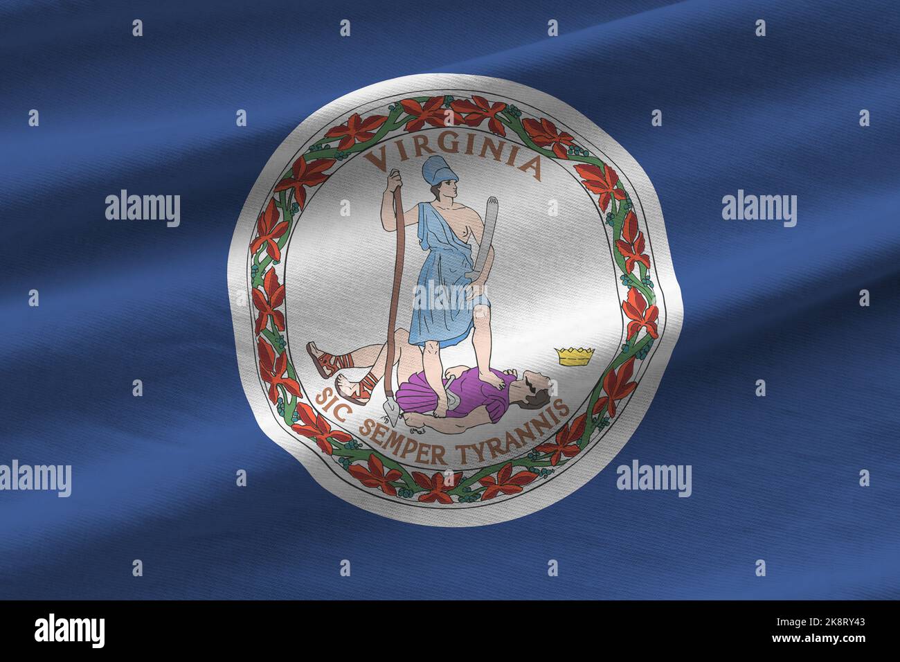 Virginia US state flag with big folds waving close up under the studio ...
