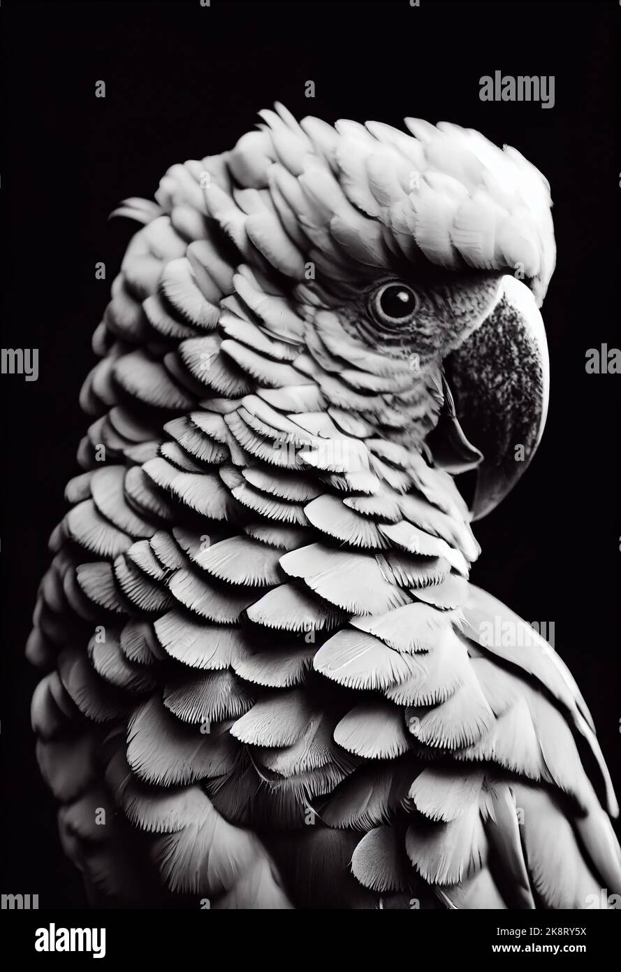 A vertical grayscale closeup of a 3D rendering of macaw parrot on the ...
