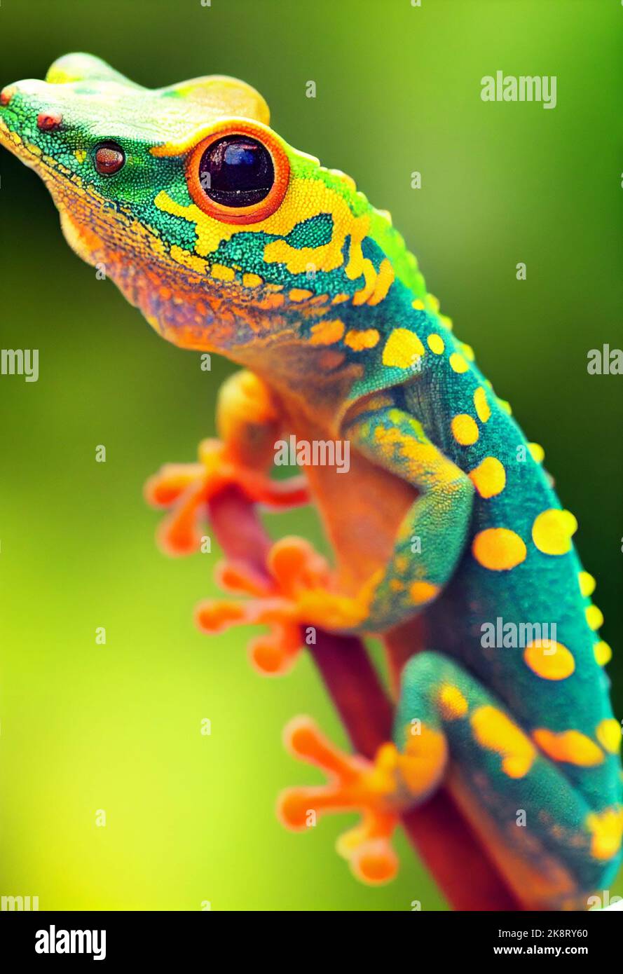 A vertical closeup of a 3D rendering of a fantasy gecko on the tree ...
