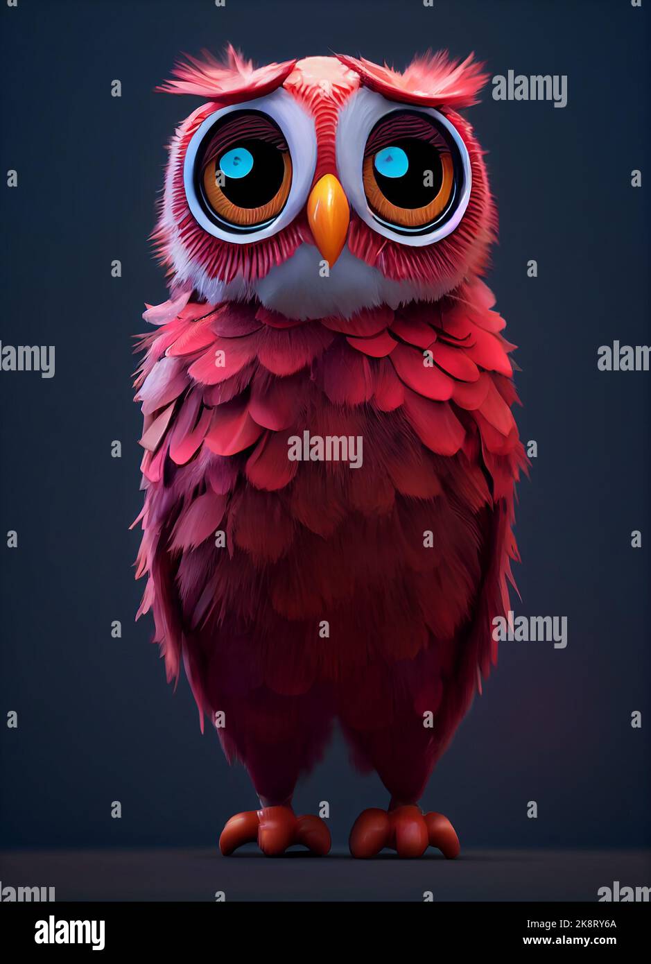 A vertical closeup of a 3D-rendered colorful owl with big eyes, dark ...