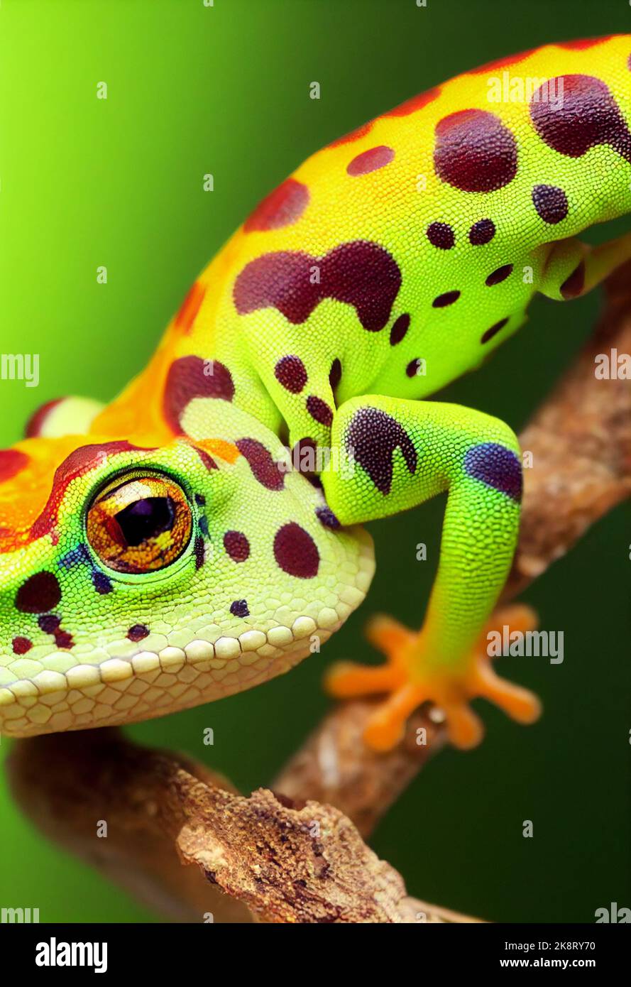 A vertical closeup of a 3D rendering of a fantasy gecko on the tree ...