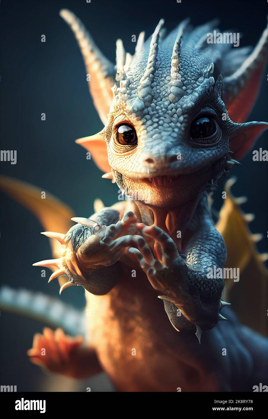 A vertical closeup of a 3D rendering of a baby dragon in the dark ...