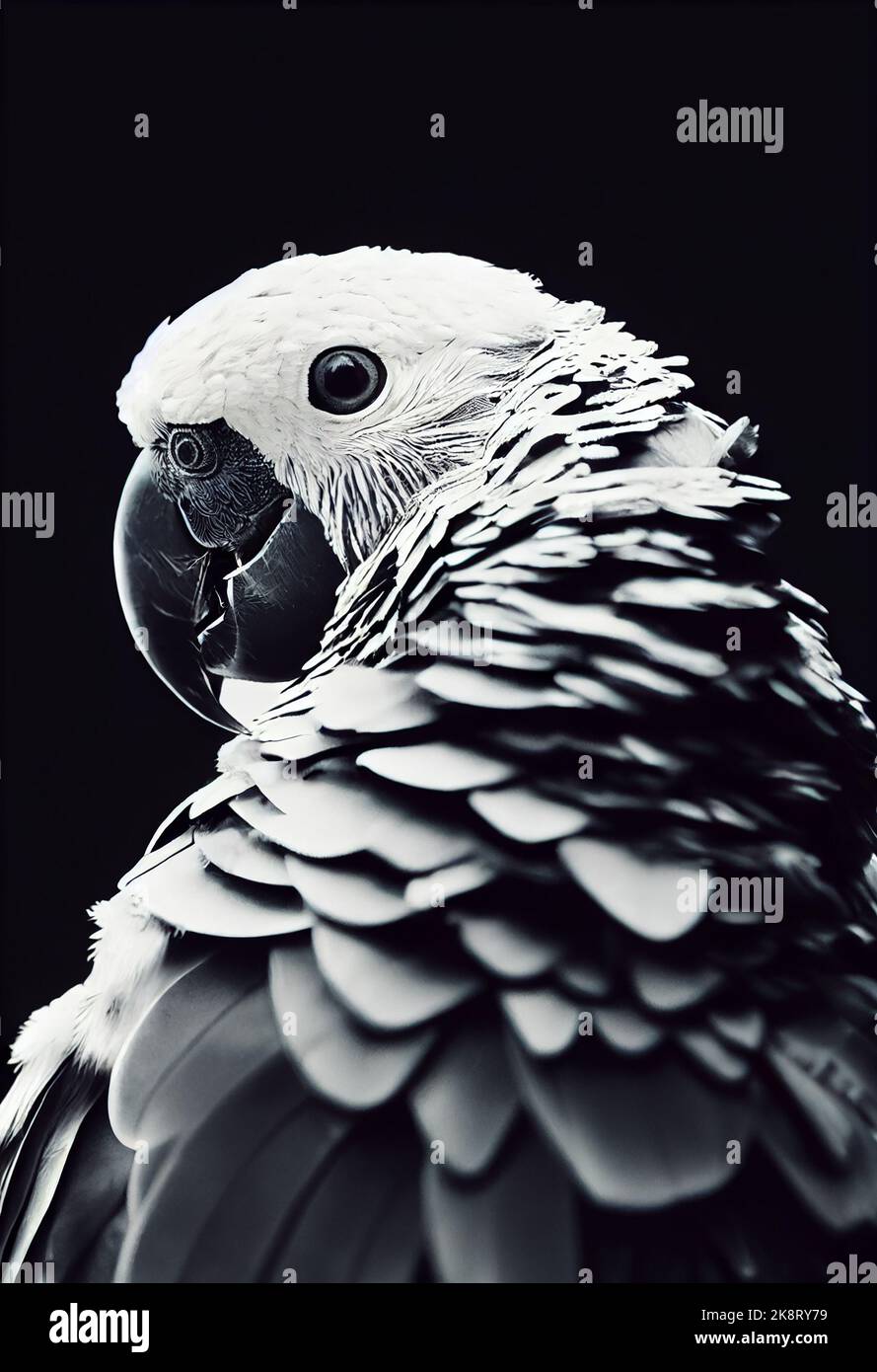 A vertical grayscale closeup of a 3D rendering of macaw parrot on the ...