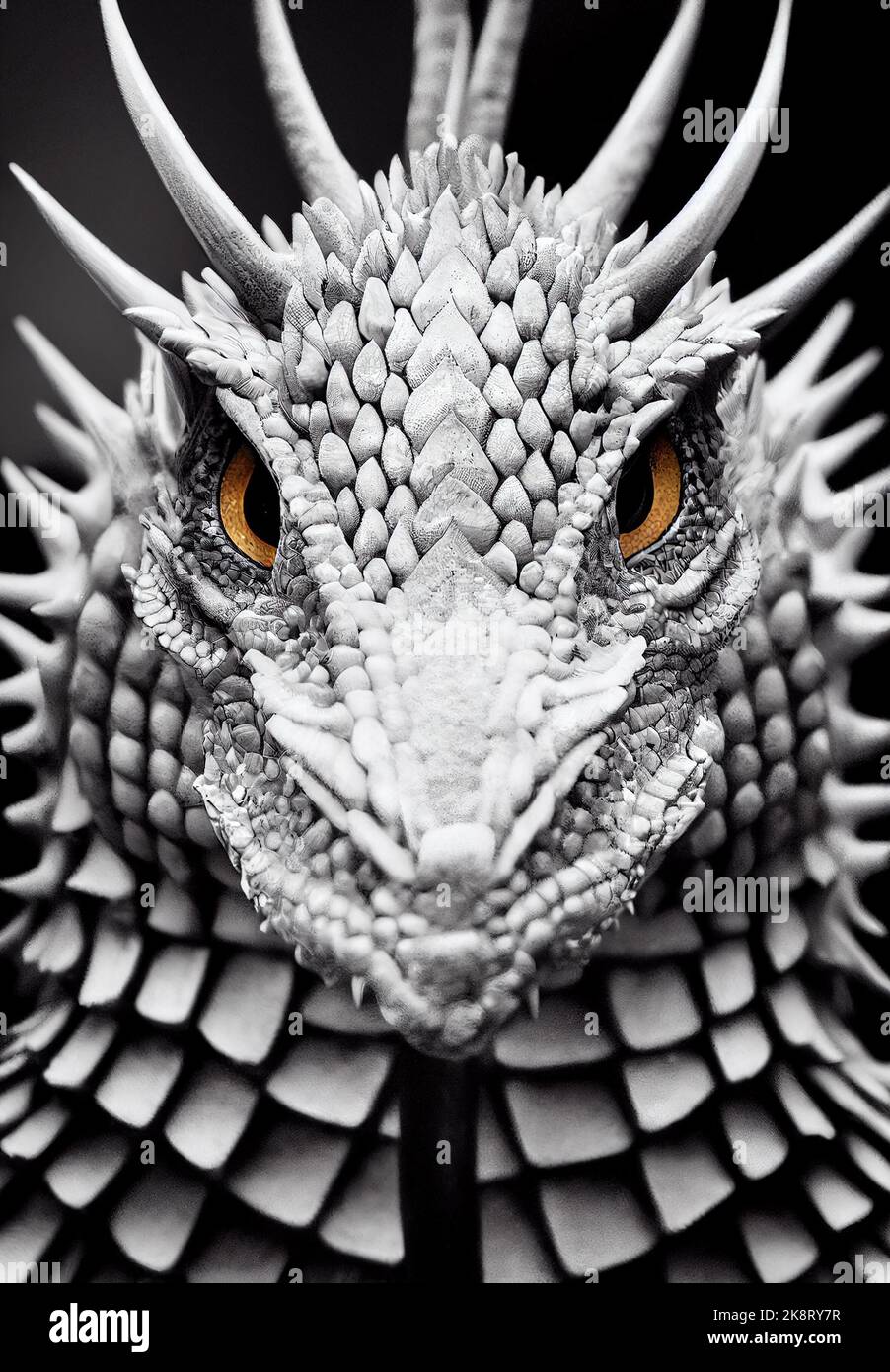 A vertical front closeup grayscale of a 3D rendering of a baby dragon ...