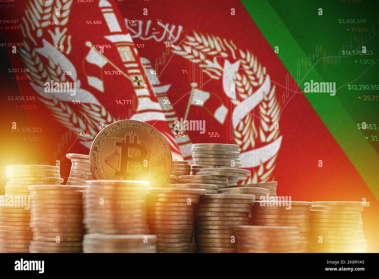 Afghanistan flag and big amount of golden bitcoin coins and trading ...