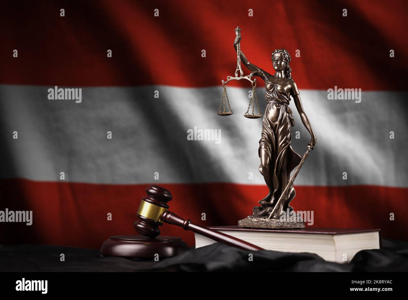 Austria flag with statue of lady justice, constitution and judge hammer ...