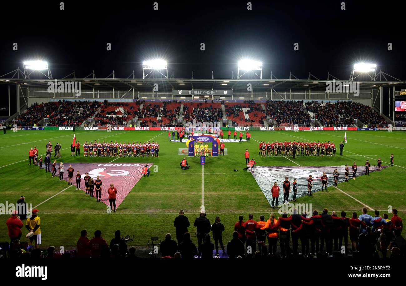 Tonga and Wales team line up before the Rugby League World Cup group D ...