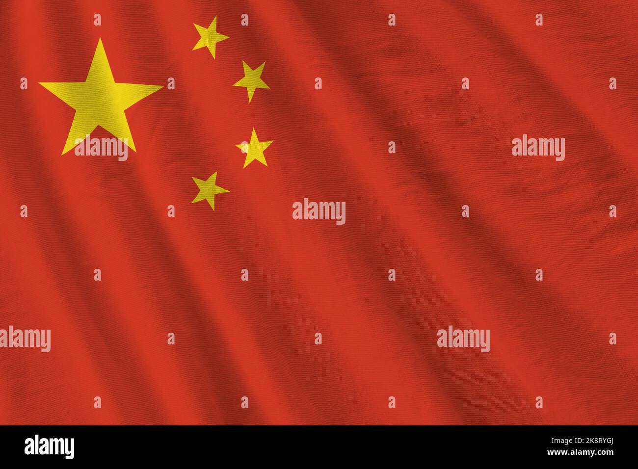 China flag with big folds waving close up under the studio light ...