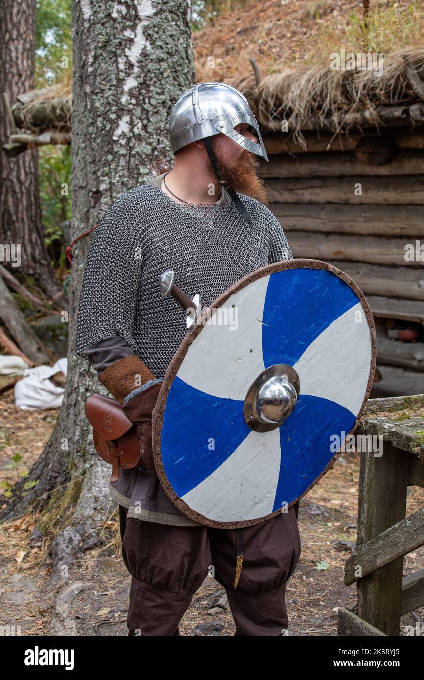 Bearded reenactor wearing combat helmet, chain mail armour and wooden ...