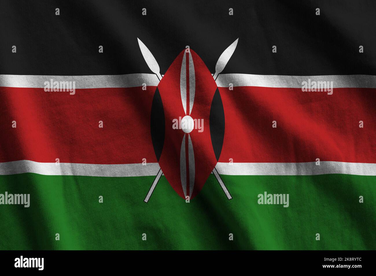 Kenya flag with big folds waving close up under the studio light ...
