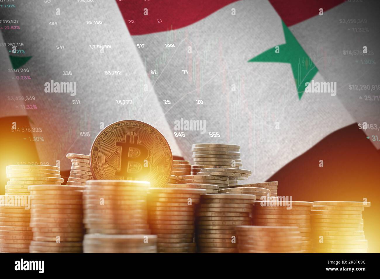 Syria flag and big amount of golden bitcoin coins and trading platform ...