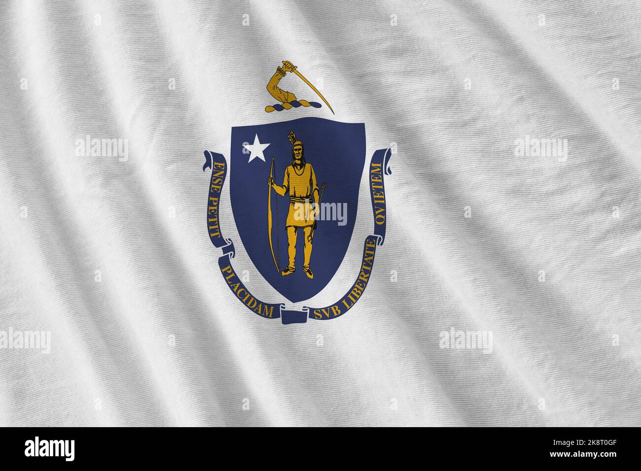 Massachusetts US state flag with big folds waving close up under the ...