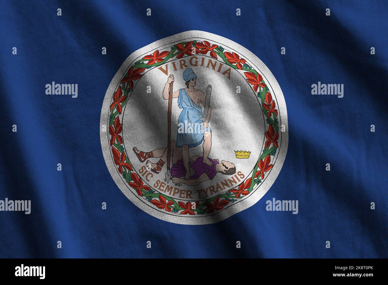 Virginia US state flag with big folds waving close up under the studio ...