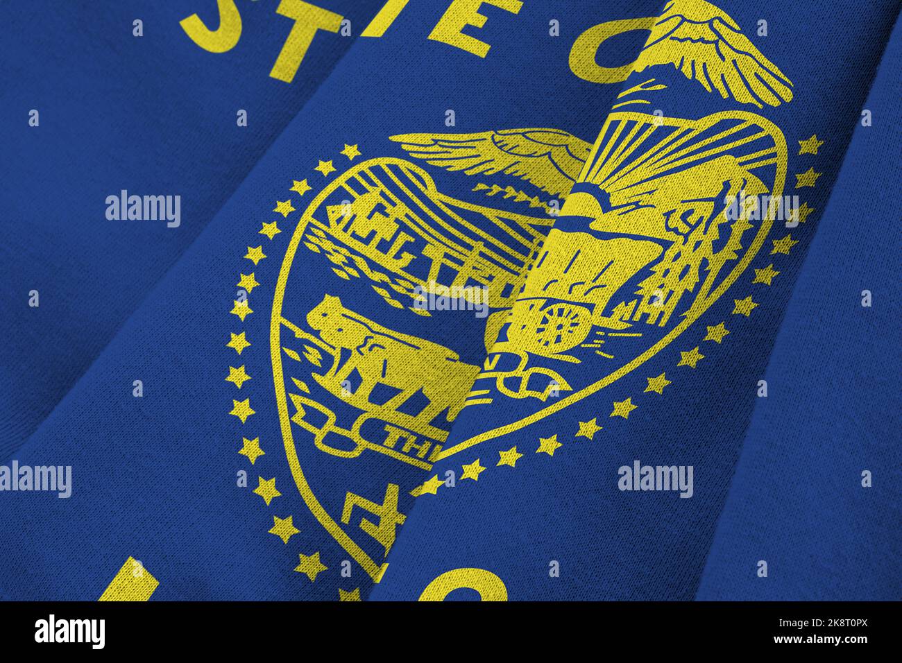Oregon US state flag with big folds waving close up under the studio ...