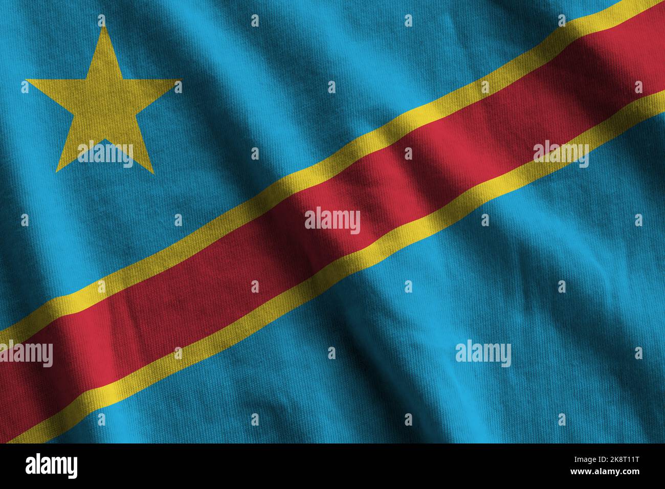 Democratic Republic of the Congo flag with big folds waving close up ...