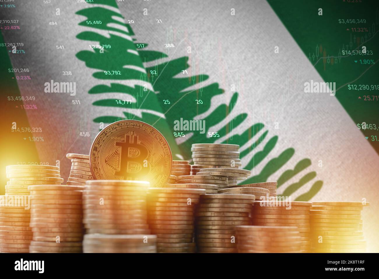 Norfolk island flag and big amount of golden bitcoin coins and trading ...