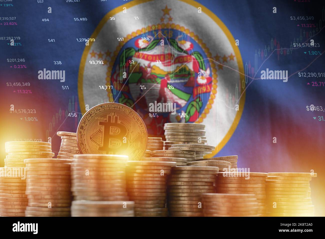 Minnesota US state flag and big amount of golden bitcoin coins and ...