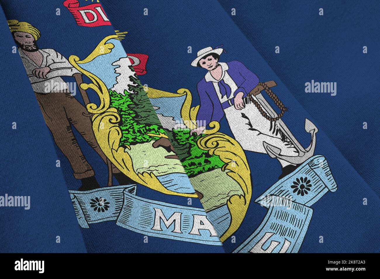 Maine US state flag with big folds waving close up under the studio ...