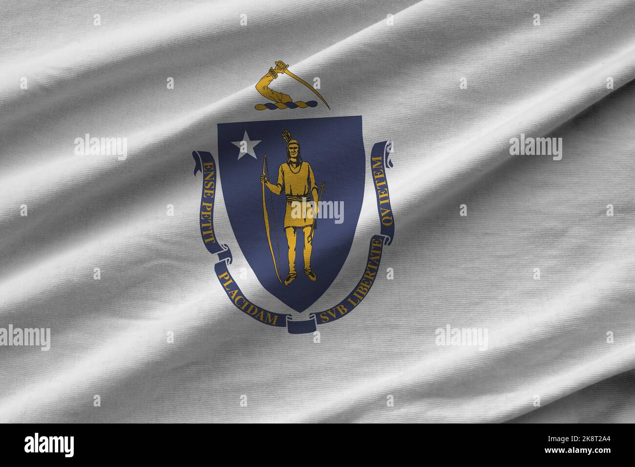 Massachusetts US state flag with big folds waving close up under the ...