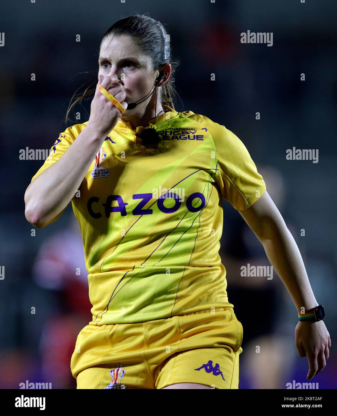 Referee Kasey Badger during the Rugby League World Cup group D match at ...