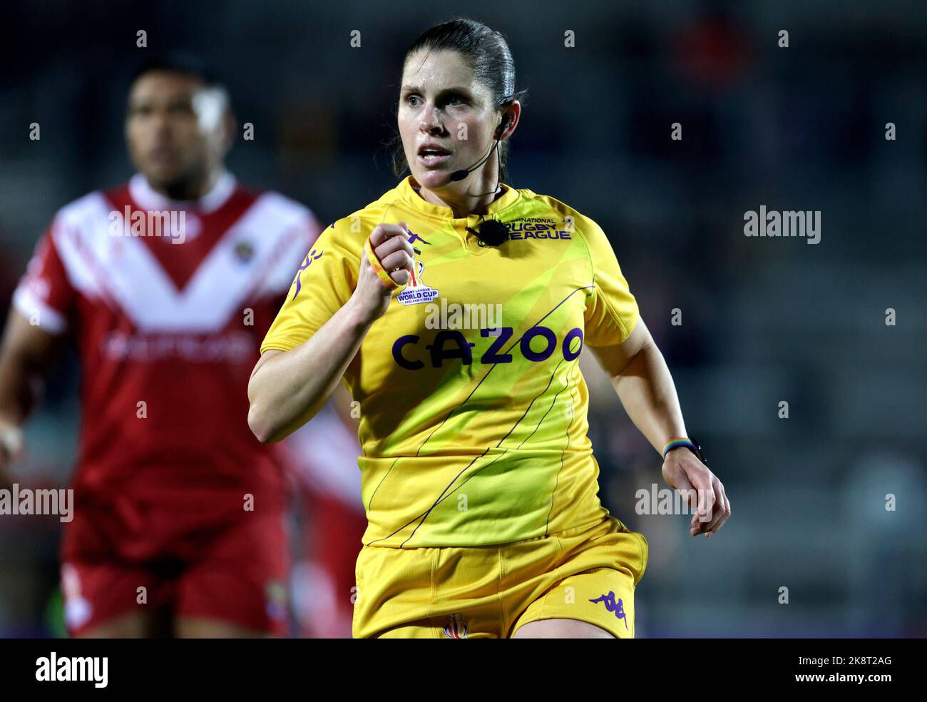 Referee Kasey Badger during the Rugby League World Cup group D match at ...