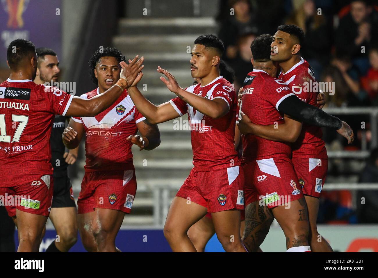 Daniel Tupou of Tonga celebrartes his try during the Rugby League World ...