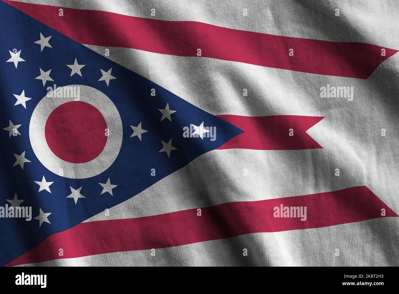 Ohio US state flag with big folds waving close up under the studio ...