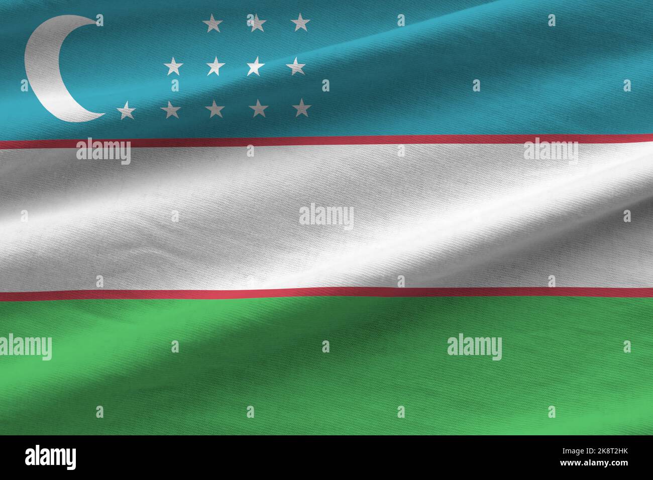 Uzbekistan Flag With Big Folds Waving Close Up Under The Studio Light Uzbekistan Flag With Big Folds Waving Close Up Under The Studio Light